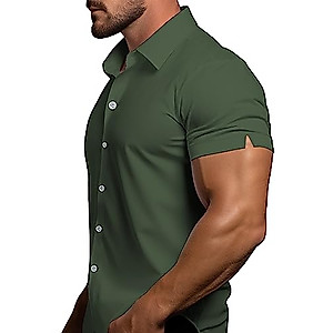 ATFORNA Men's Dress Shirt Slim fit Button Down Shirts Summer Short Sleeve Blouses Tops Men Clothes Green