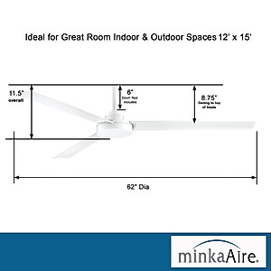 Minka Aire F624-WHF Roto XL 62" 3-Blades Ceiling Fan in Flat White Finish with Flat White Blades