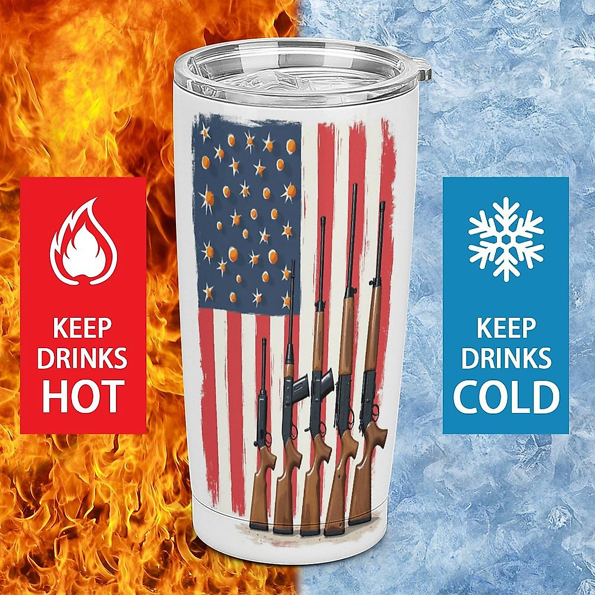 America Flag with Assorted Rifles Gun 20 OZ Stainless Steel Tumbler Travel Car Coffee Mug with Straw Lid Cleaning Brush Coffee Tumbler Mug for Women Men