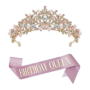 SWEETV Birthday Crowns for Women Pink Birthday Queen Sash and Tiara Set Rhinestone Princess Headband for Birth Day Party Photograph
