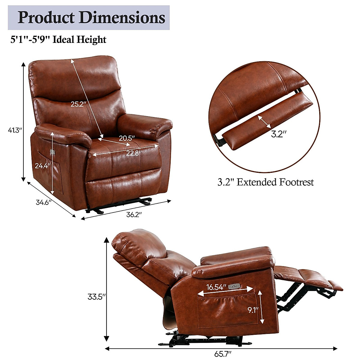 RIHEREFY Electric Recliner,PU Leather Recliner Chair with Extended Footrest,Recliner Chairs for Adults,Extra Wide Reclining Massage Chair with 2 Side Pockets & USB Ports