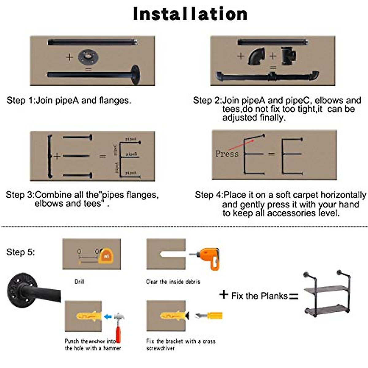 LoftPaipes Industrial Pipe Shelf Wall Mounted,24in 2 Tier Rustic Metal Floating Shelves,Steampunk Real Wood Book Shelves,DIY Bookshelf Hanging Wall Shelves,Farmhouse Kitchen Bar Shelving