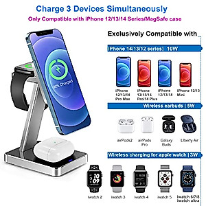 Aluminum Alloy 3 in 1 Magnetic Wireless Charger,15W Fast Wireless Charging Station Compatible with MagSafe Charger Stand iPhone 14 13 12 Pro/Pro Max/Mini/14 Plus,Apple Watch 8/7/SE/6/5/4/3,Airpods