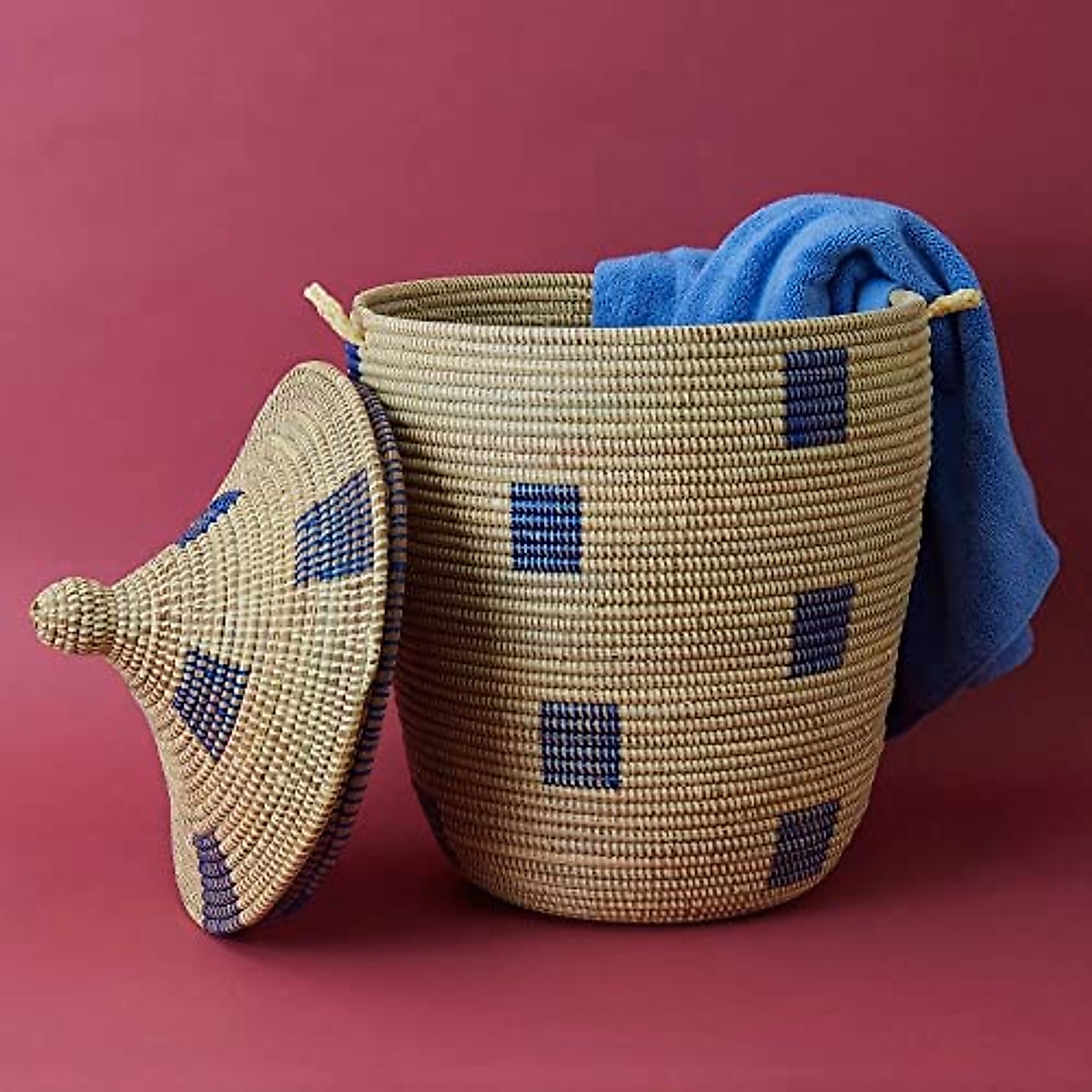 Senegal Extra Large Hand Woven Blue Beige Geometric Grass Basket with Hooded Lid