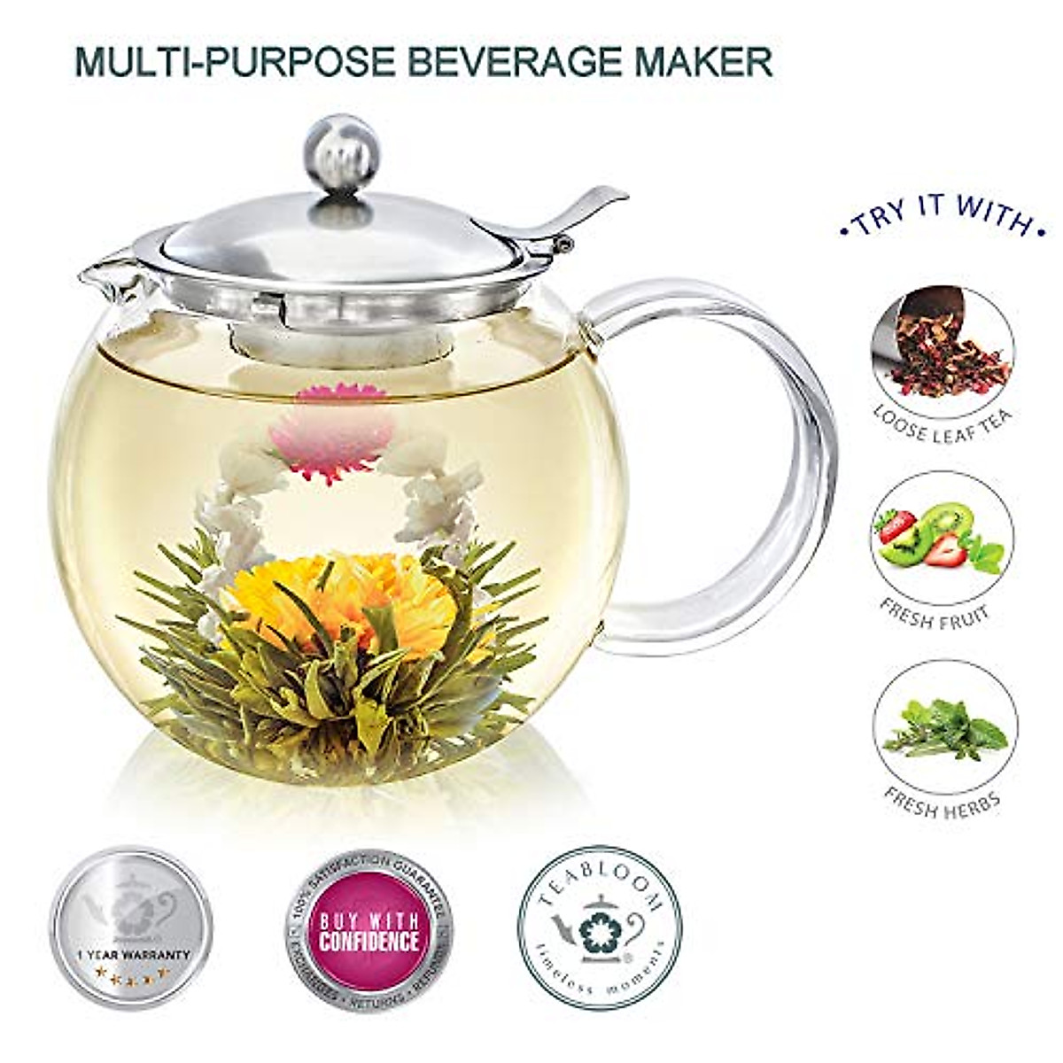 Teabloom All-in-One Glass Teapot and Tea Kettle – Heatproof Borosilicate Glass Tea Maker with Removable Stainless Steel Loose Tea Infuser – Classica Stovetop Tea Pot (40 oz)