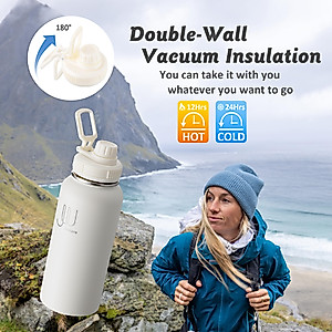 JW Joware 32 oz Insulated Water Bottle with Straw, Stainless Steel Sports Water Bottle with 3 Lids, Leak Proof Water Bottle for Men, Women & Kids, Alabaster White