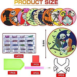 8 Pcs Halloween Diamond Paintings Coasters Kits with Holder, DIY Jack and Sally Coaster Diamond Art Kits,Full Drill Rhinestone Painting Kits for Adults & Kids,Beginners Art Craft Supplies