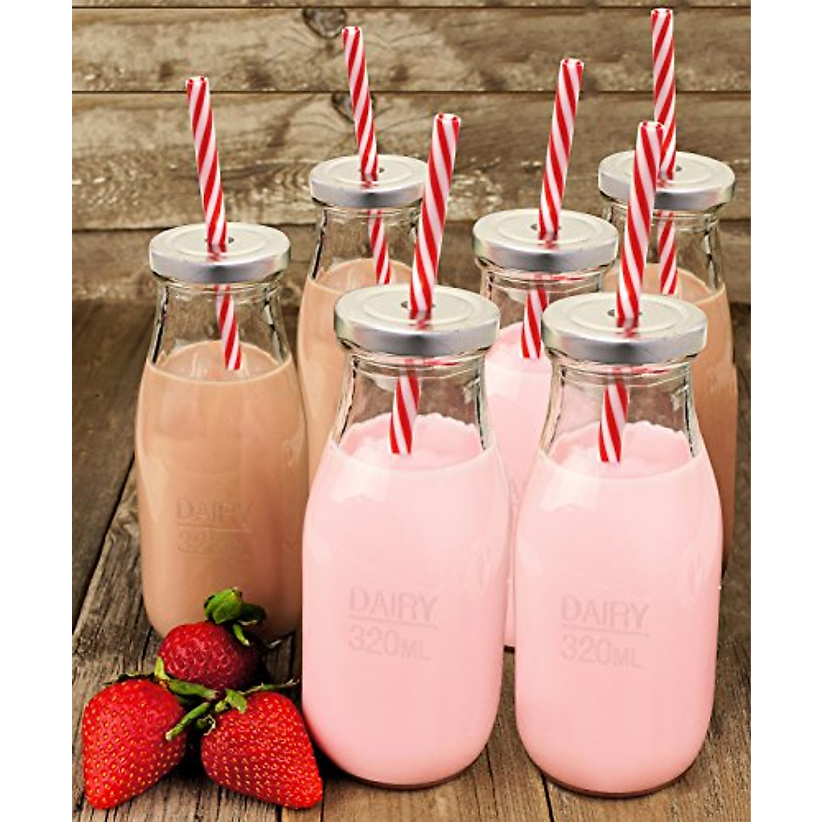 Estilo Glass Milk Bottle with Lid - Milk Glass - Reusable Glass Bottle for Dairy Milk With Straws & Metal Screw On Lids, 10.5 Ounce, Clear, Set of 6