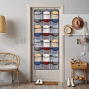 RELBRO Over the Door Hat Rack, Door Baseball Caps Hat Organizer with 24 Large Clear Elastic Mesh Pockets Hat Holder Storage Hat Display Rack with 3 Over Door Hooks - Grey