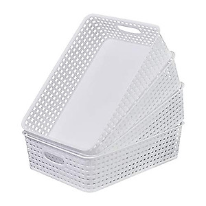 AnnkkyUS 4-Pack White Plastic Basket Trays, Rectangle Paper Storage Baskets