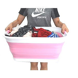 SAMMART 42L(11 gallon) Collapsible Plastic Laundry Basket-Foldable Pop Up Storage Container/Organizer-Portable Washing Tub-Space Saving Basket,Water capacity 34L(9 gallon) (1, Pink)