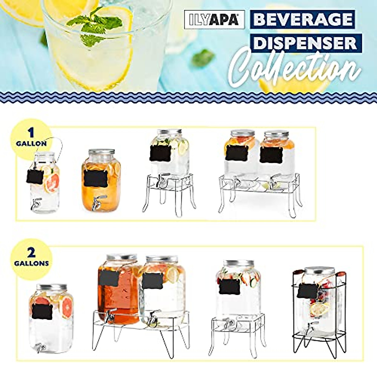 Outdoor Glass Beverage Dispenser 2 Pack with Sturdy Metal Base, Hanging Chalkboards & Stainless Steel Spigots - 1 Gallon Double Drink Dispensers for Lemonade, Tea, Cold Water, Laundry Detergent & More