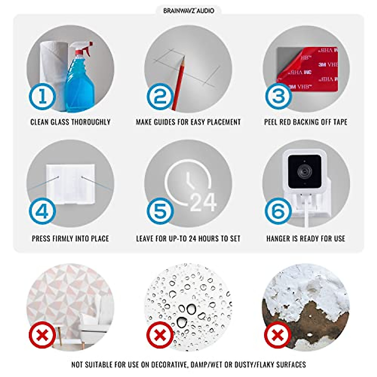 BRAINWAVZ 3 Pack Wall Mount for Wyze Cam V3, Adhesive VHB Stick On - Easy to Install, No Tools Needed, No Mess, No Drilling, Strong Adhesive Mount, White