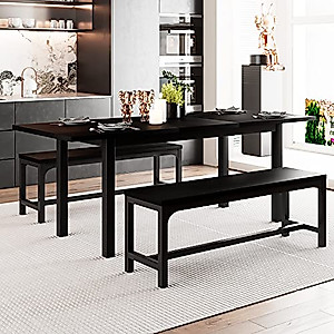 Feonase 3-Piece 63" Dining Table Set with 2 Benches, XL Large Extendable Kitchen Table Set for 6-8 People, Dining Room Table with Metal Frame and Solid MDF Wood Board, Easy Assembly, Black