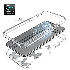 sidande Case for iPhone 11 Pro Max Case with Tempered Glass Screen Protector, Full Body Clear Floral TPU Slim Phone Protective Armor Cover for Apple iPhone 11 Pro Max 6.5" (Butterfly)