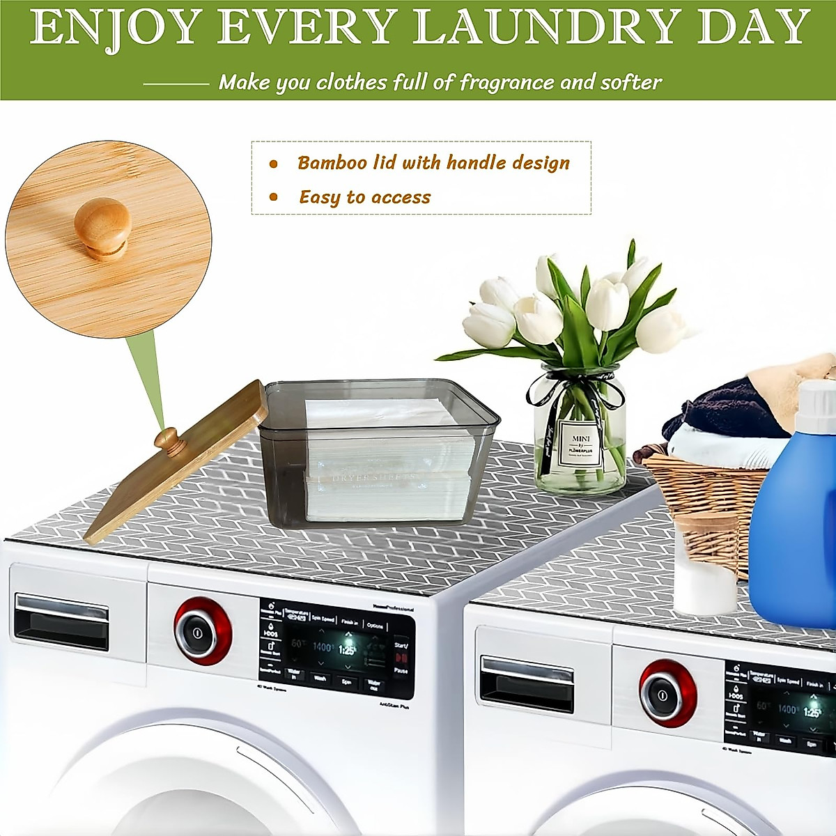 Dryer Sheet Holder with Bamboo Lid,Acrylic Laundry Clear Dryer Sheets Dispenser Container Box for Laundry Room Organization and Storage Holds Sheets, Balls, Clothes Pins, Laundry Pods(1 Pcs, 2 Labels)