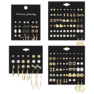 SAILIMUE 84 Pairs Assorted Multiple Stud Earrings Hoop Set Dangle Cute Hypoallergenic CZ Bow Butterfly Flower Leaf Ball Simple Drop Earrings Stud for Women Pack
