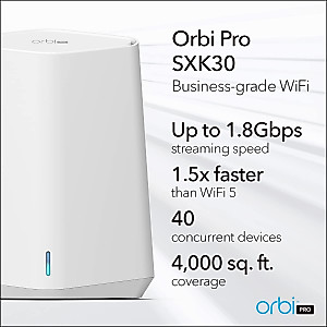 NETGEAR Orbi Pro WiFi 6 Mini Mesh System (SXK30) | Router with 1 Satellite Extender for Business or Home | VLAN, QoS | Coverage up to 4,000 sq. ft., 40 Devices | AX1800 802.11 AX (up to 1.8Gbps)