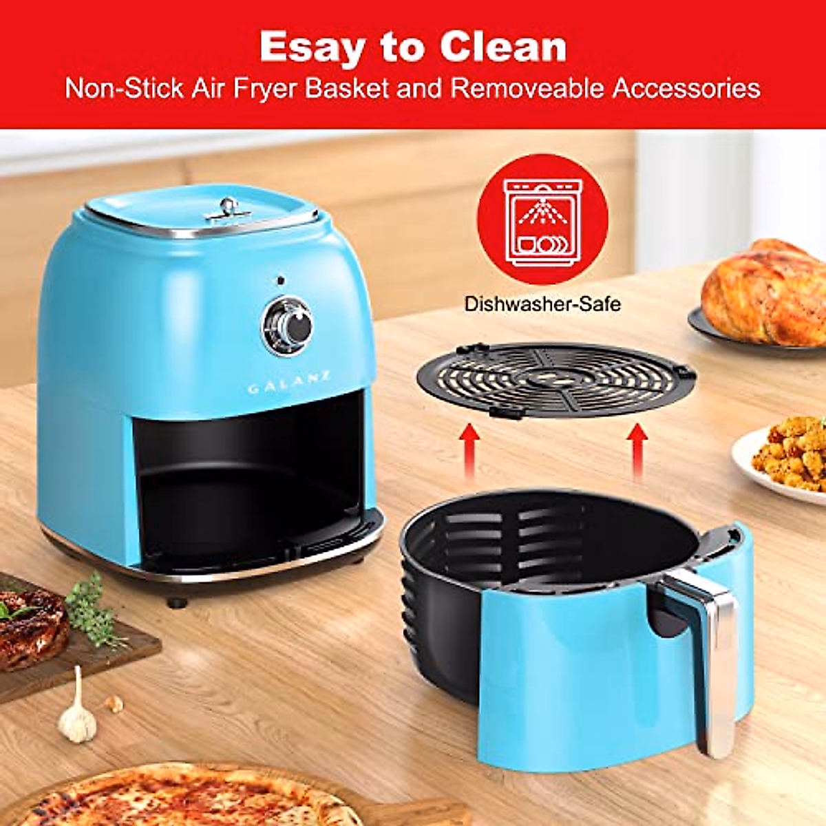 Galanz Retro Electric Air Fryer with Non-Stick Basket, Temperature and Time Control, Oil-Free for Healthy Frying, Auto Shutoff, 4.8Qt, 1500W, Retro Blue