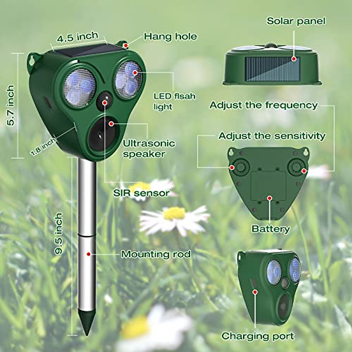 Umila Solar Animal Repeller, Ultrasonic Repellent, Motion Detection, LED Flashing Light, Dog, Cat Repellent, Squirrel, Raccoon, Skunk, Rabbit, Rodent, Fox, Deer