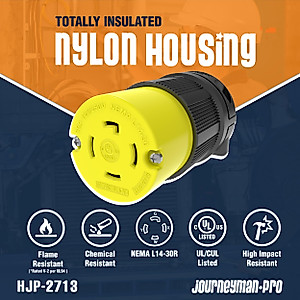 Journeyman-Pro 2713 30 Amp, 125/250 Volt, NEMA L14-30R, 3P, 4W, Locking Plug Connector, Black Industrial Grade, Grounding 7500 Watts Generator Rating (L14-30R (Female Plug))