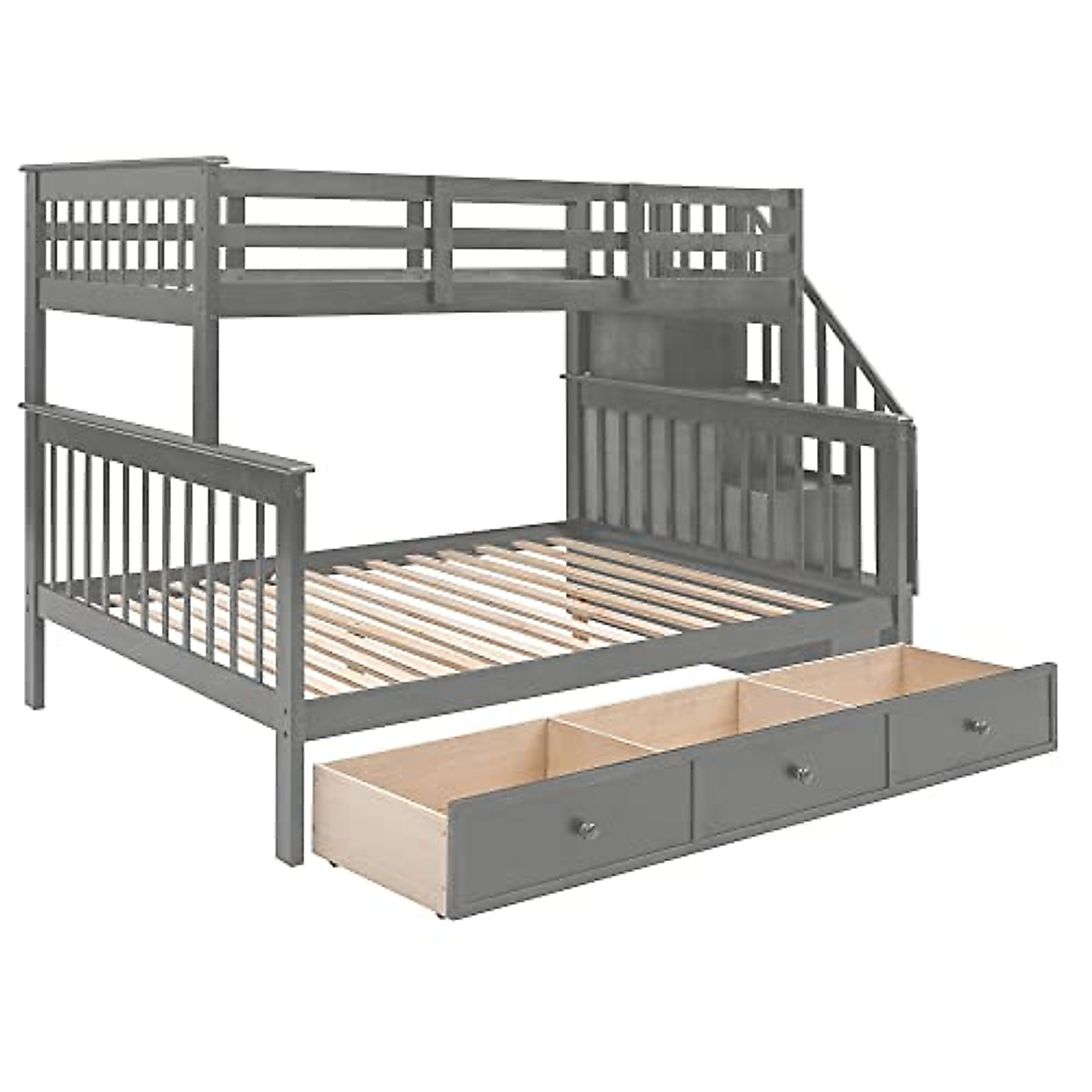 Harper & Bright Designs Twin Over Full Bunk Bed with Storage Drawer, Wood Bunk Beds with Stairway, Storage Shelf and Full-Length Guard Rail, Kids bunk Bed Twin Over Full, No Box Spring Needed (Gray)