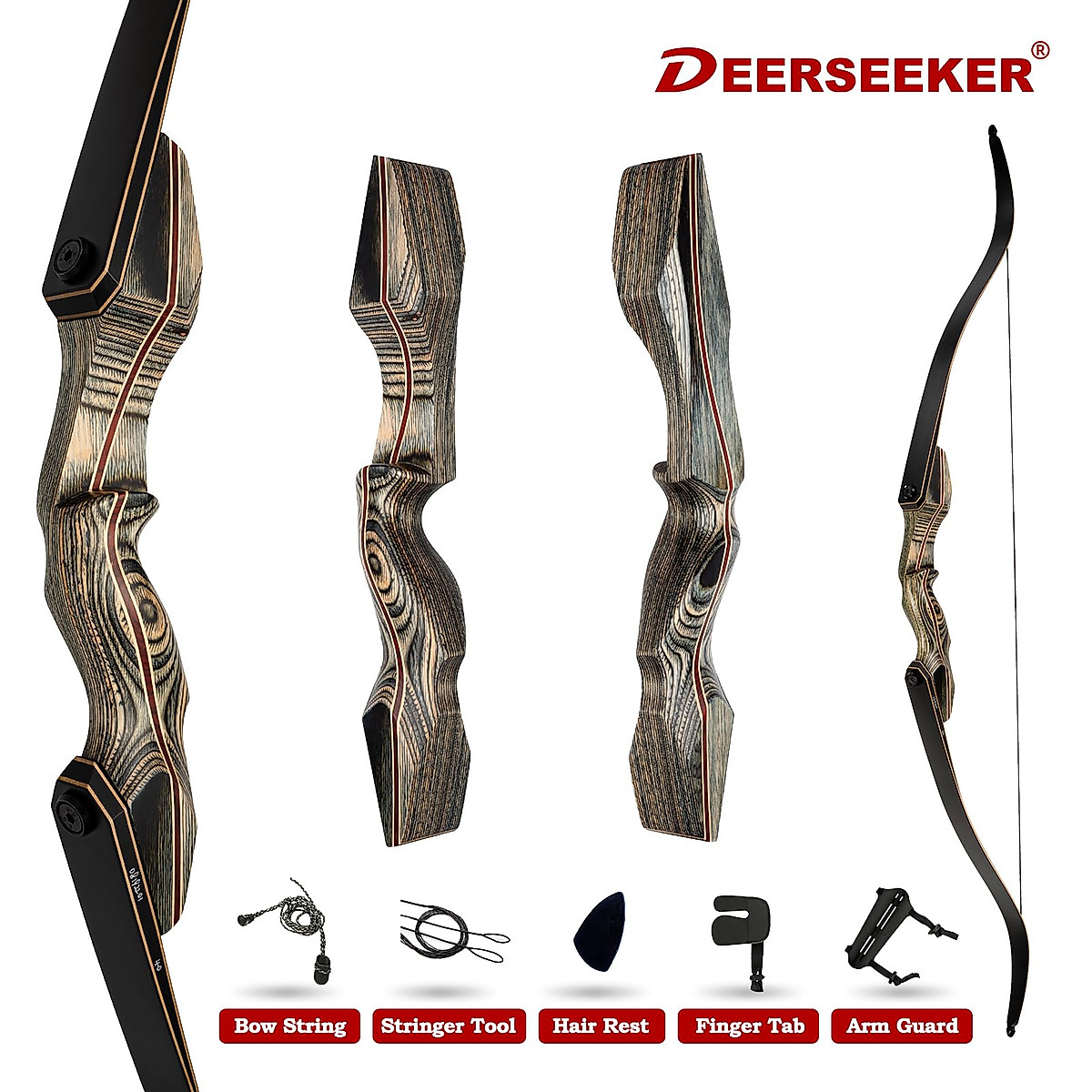 Deerseeker Archery 60" Takedown Recurve Bow Handmade Wooden Bow for Adults & Youth Beginners with Laminated Limbs Right/Left-Hand Riser Hunting Practice Target Shooting 20-60lbs