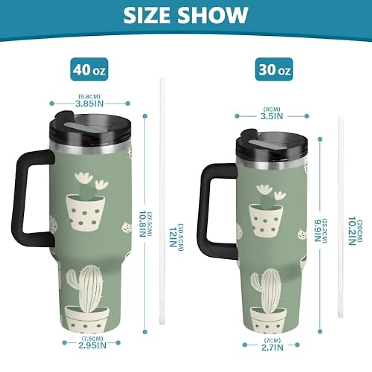 FRCSDIY Cactus Insulated Tumbler with Handle and Straw Lid,40oz Leakproof Stainless Steel Cup BPA-Free Water Bottle