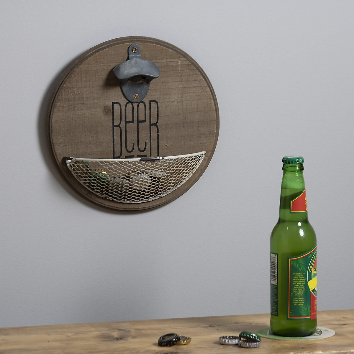 Foreside Home and Garden Rustic Wood Wall Mount Beer Bottle Opener with Metal Basket, Brown