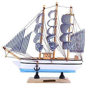 VOSAREA Wood Sailboat Model Blue Ship Figurine 3D Assembling Building Table Ornaments for Home Office Shelf Nautical Decoration Christmas Favors
