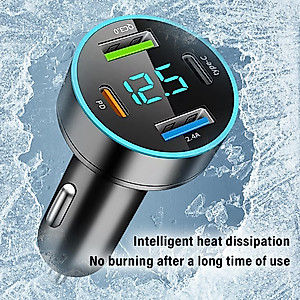 4-in-1 Fast Car Charger,PD/QC3.0/Type C Car Charger Fast Charging,Universal Car Phone Charger Cigarette Lighter USB Charger with Blue LED & Voltmeter for Car Truck SUV (QC3.0+Type-C+PD+2.4A)