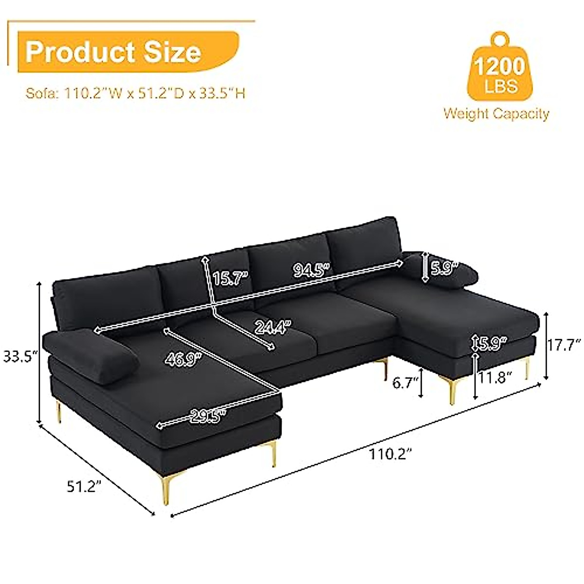 VERYKE Modern U Shaped Sectional Sofa Couch for Living Room, 110'' Linen Fabric Couch Sofa, Upholstered Sofa Bed with Golden Metal Legs for Home Office