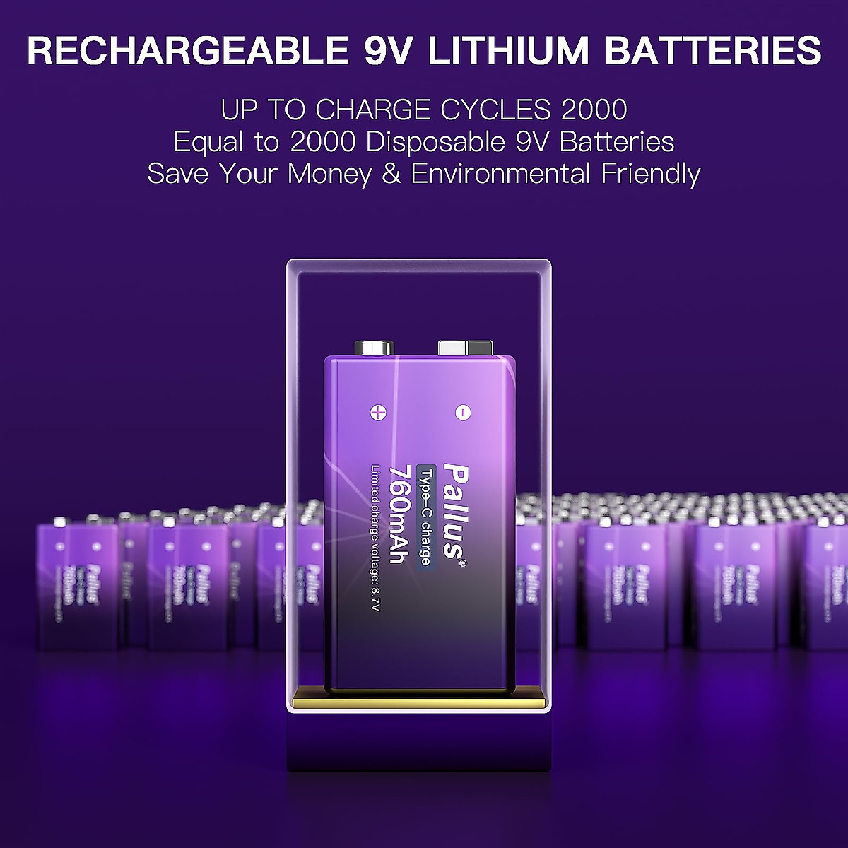 Pallus 9V Rechargeable Battery Pack, 4-Pack 760mAh Li-ion USB 9 Volt Battery for Smoke Alarms, Wireless Microphones, Smoke Detectors, Toys, Flashlights, Guitar