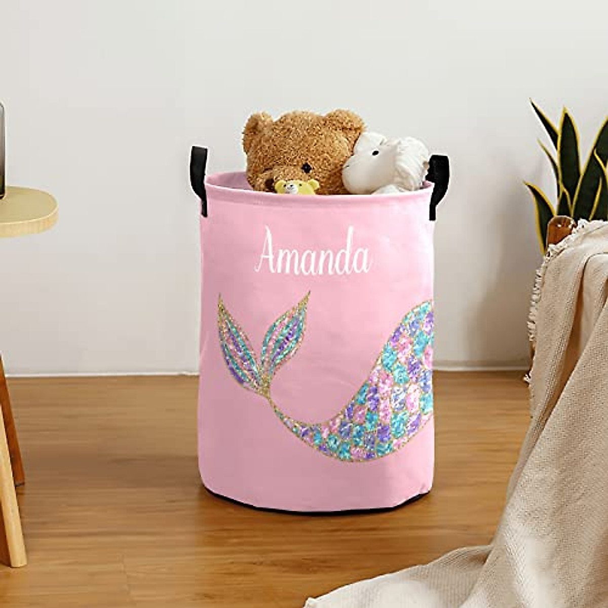 Mermaid Pink Large Storage Basket Personalized Laundry Hamper with Name Bathroom Home Decor Collapsible Round Storage Bin Boxes Clothing for Gift