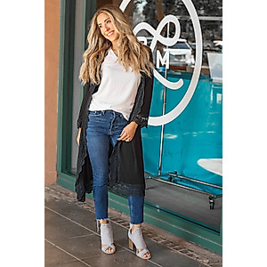 Tickled Teal Women's 3/4 Sleeve Lace Trim Casual Wrap Cardigan Coverup Outerwear Sweater (Black, Large)