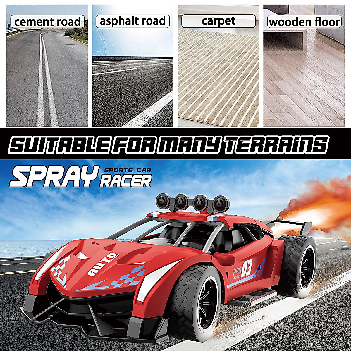 HT HONGTENG RC Car with Spray and Cool Lights,2.4Ghz Remote Control High-Speed Drifting Toy Racing,Christmas Birthday Gifts for Boys and Girls Aged 3-12. (Red Racing)