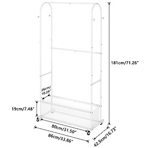 MOYIPIN Double Rods Clothing Rack with Wheels,Clothing Rack for Hanging Clothes Coat Scarves Bags,Multi-functional Bedroom Garment Rack,4 Hooks,White
