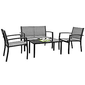 Tuoze 4 Pieces Outdoor Patio Furniture Set Conversation Set with Glass Coffee Table Bistro Set with Loveseat Garden Yard Lawn and Balcony (Grey)