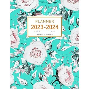 Planner 2023-2024: 8.5 x 11 Weekly and Monthly Organizer from June 2023 to May 2024 | Beautiful Drawing Rose Flower Design Turquoise