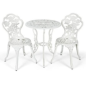 Giantex 3 Piece Bistro Set, Cast Aluminum Porch Furniture, Outdoor Patio Dining Table and Chairs with Umbrella Hole for Balcony Backyard Garden Poolside (White Rose Pattern)