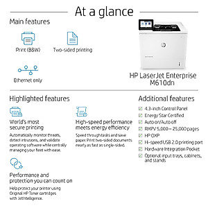 HP Laserjet Enterprise M610dn Single-Function Wired Monochrome Laser Printer, White - Print only - 4.3" Touchscreen, 55 ppm, 1200 x 1200 dpi, Auto Duplex Printing, Ethernet - Cbmou External Webcam