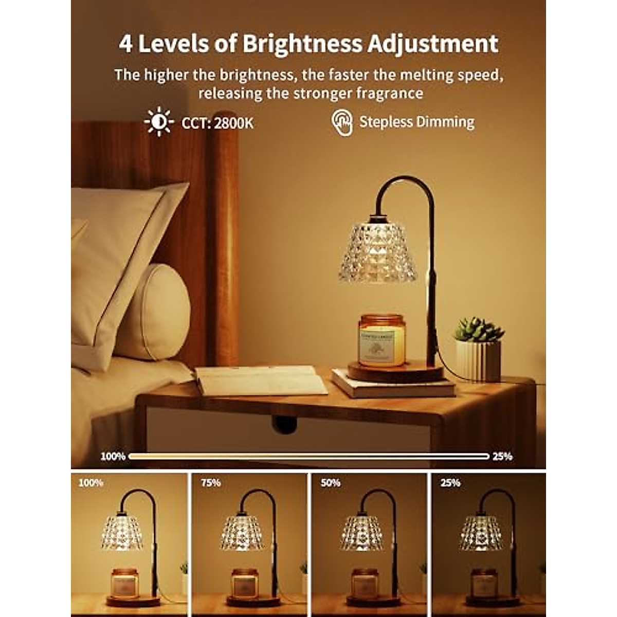 Candle Warmer Lamp with Timer - Adjustable Height w/2 Bulbs, 4 Levels Dimmable -Ideal Bedroom Home Decor & Graduation Gifts for Women Electric Wax Melter Widened Design for Various Scented Candles