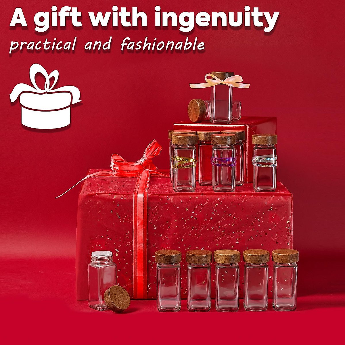 Yangbaga 24Pcs Glass Spice Jars with Labels，4oz Empty Square Spice Bottles with acacia wood lid & Shaker Lids and Silicone Collapsible Funnel Included