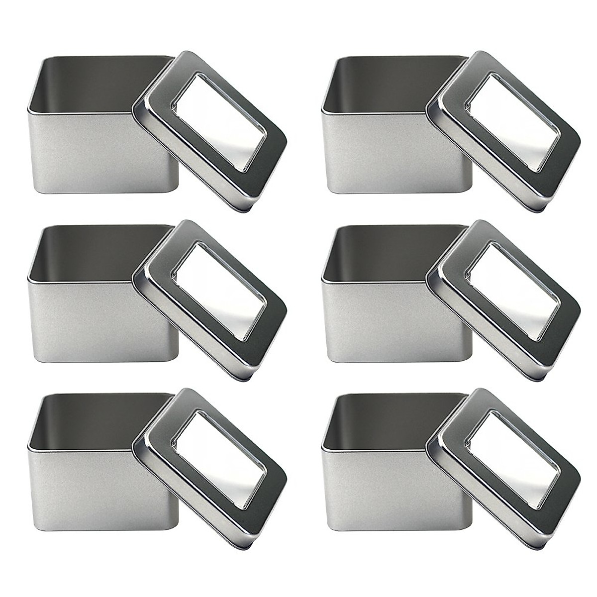 6-Pack of 8 Ounce Metal Box Square Rectangle Storage Tin Container Set with Large Clear Window Lids 3.6 x 3.6 Inches base x 2.4 inches tall