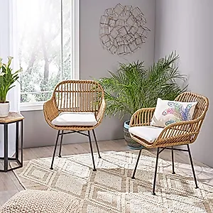 Christopher Knight Home Rodney Indoor Woven Faux Rattan Chairs with Cushions (Set of 2), Light Brown and Beige Finish