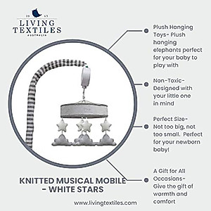Living Textiles Baby Musical Mobile - White Stars | Crib Toy, Knitted Hanging Toys, Nursery Decor, Calming Soother with 12 Lullabies | Baby Essential and Perfect Baby Toy for Boys and Girls