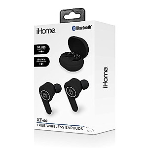 iHome XT-60 True Wireless Earbuds with Rechargeable Travel Case, Bluetooth Earphones with Microphone and Touch Control, Black