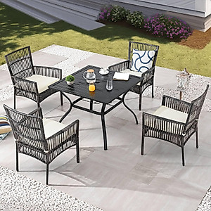 PatioFestival Patio Dining Set 5 Pieces Outdoor Furniture Sets Outside Metal Square Table Wicker Chairs with Galvanized Steel Frame Beige Cushion