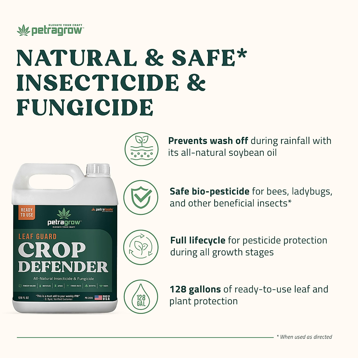 PetraGrow Crop Defender Leaf Guard Super Ready-to-Use Pesticide, Miticide, Plant Fungicide, Insecticide for Indoor Plants, Spider Mite Spray, Powdery Mildew Spray for Plants, Predatory Mites - 1 Gal