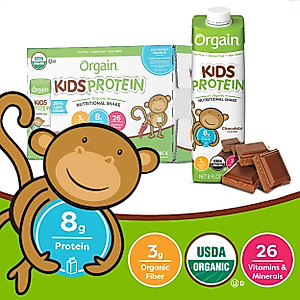 Orgain Organic Kids Protein Nutritional Shake, Chocolate - Great for Breakfast & Snacks, 21 Vitamins & Minerals, 10 Fruits & Vegetables, Gluten Free, Soy Free, 8.25 oz, 12 Count (Packaging May Vary)